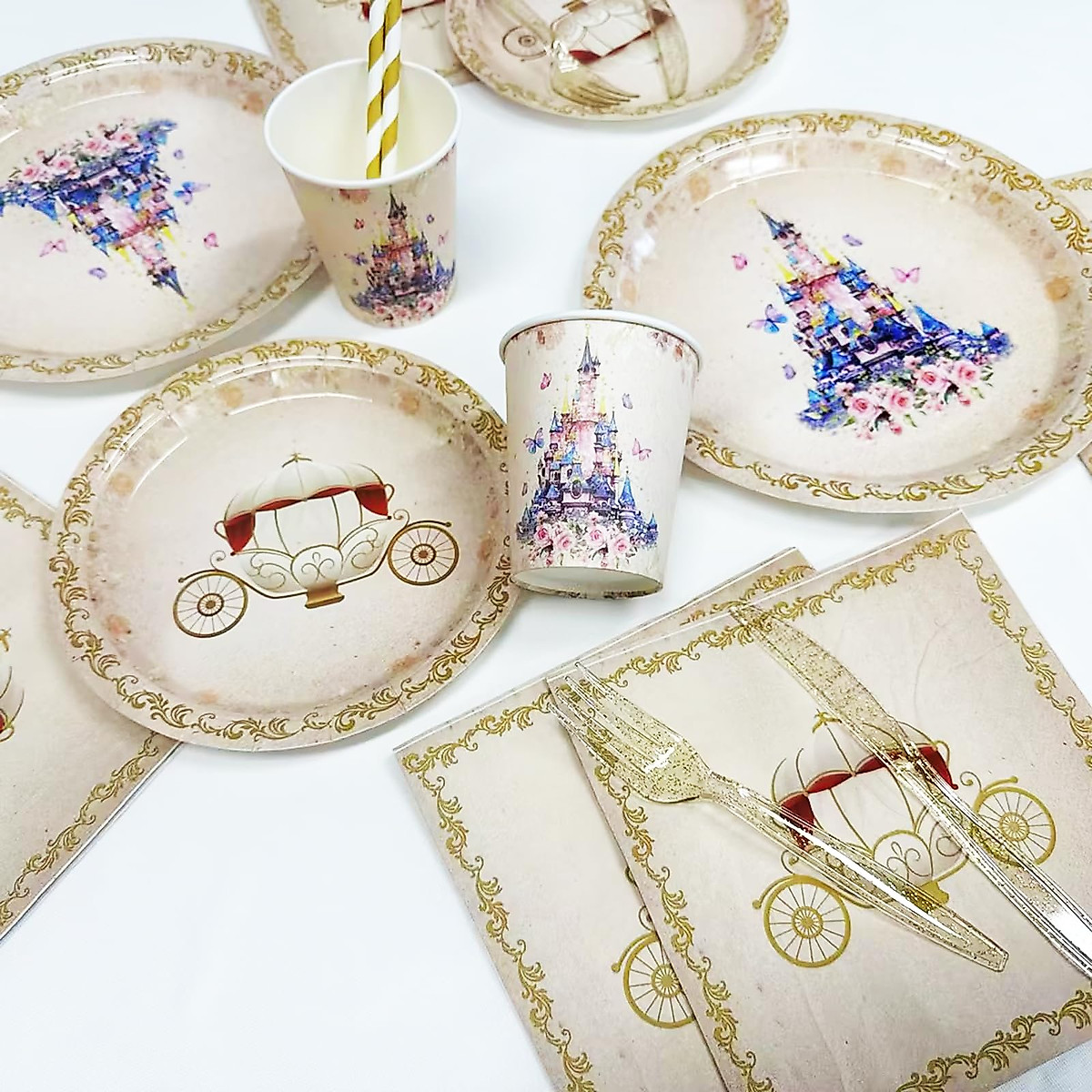 AIBIIN 112 PCS Princess Party Plates Princess Birthday Decorations Once Upon a Time Castle Princess Party Tableware Set Purple Floral Napkins for Girl Baby Shower Party Decor Supplies Favors Serves 16