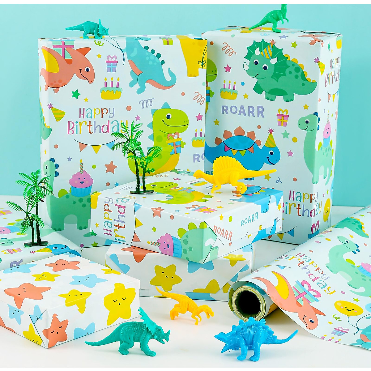 U'COVER Dinosaur Wrapping Paper Rolls Happy Birthday Gift Wrapping Paper Roll for Kids Boys Girls Baby Reversible Gift Wrap Dinosaur Star for Bday Party (DINOSAUR)