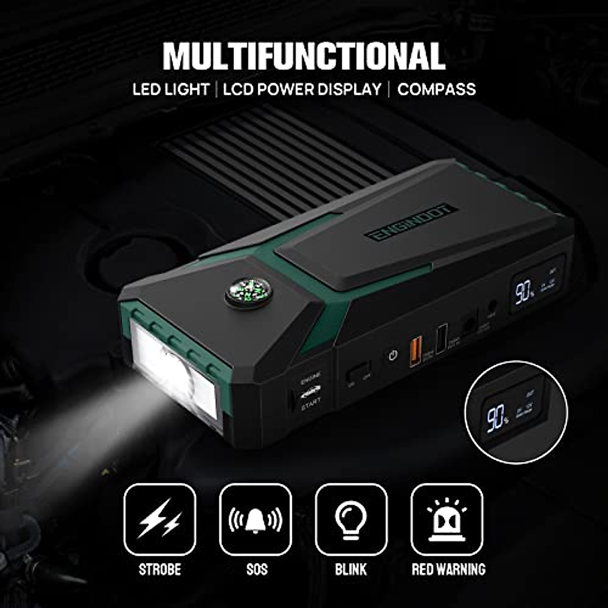 ENGINDOT Jump Starter for Up to 7.0L Gas or 5.5L Diesel Engine, 800A Peak 18000mAh 12V Auto Battery Booster with LCD Screen, Portable Power Bank with USB Quick Charge T8 Green