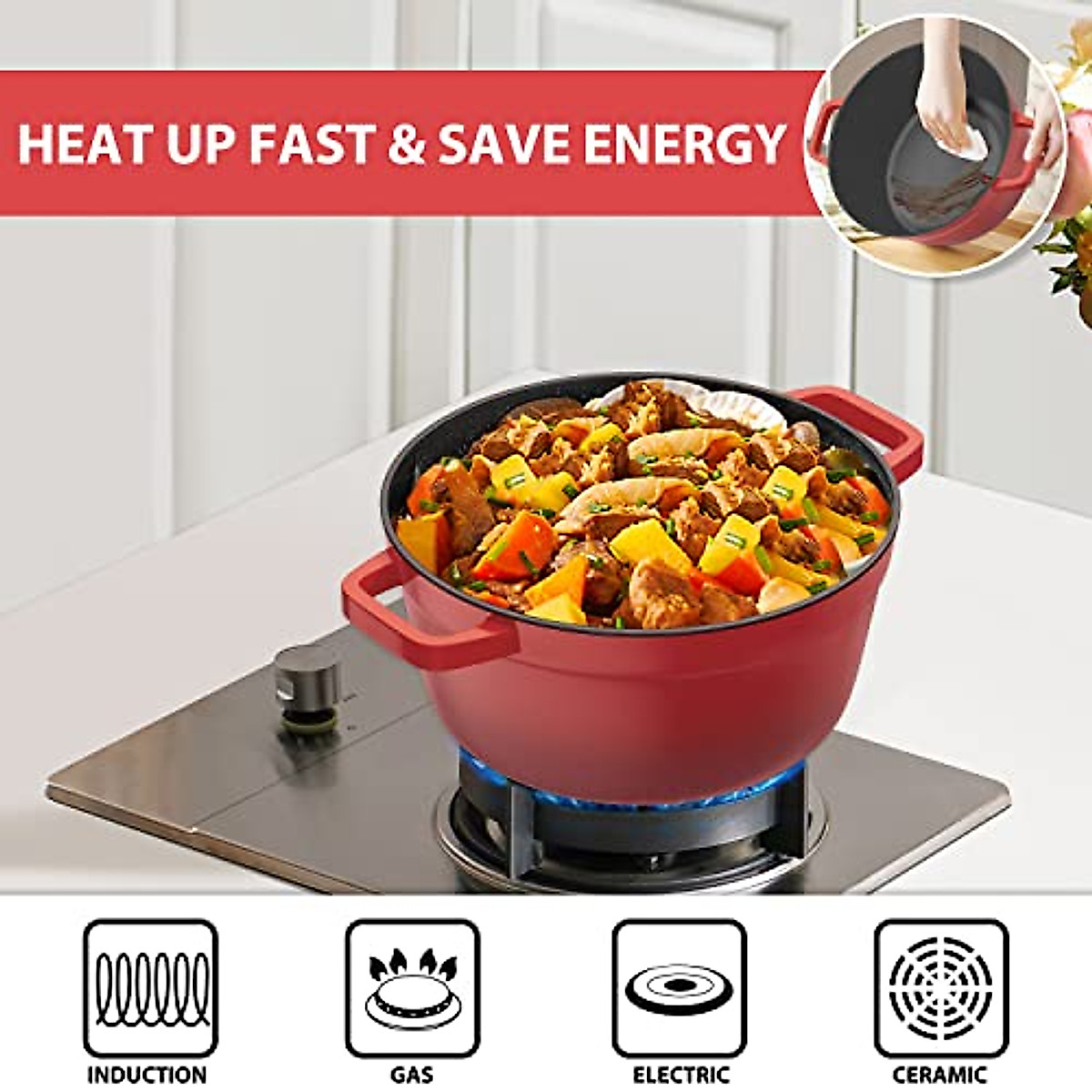 Dezin Dutch Oven, 4.2 Quart Non-stick Enamel Coated Dutch Oven with Handle for Roasting and Braising, Cast Aluminum Dutch Oven Pot with Lid for Gas, Electric Induction, Hot Plate