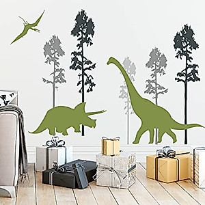 Giant Green Dinosaur Wall Decals Jungle Black Tree Wall Stickers DIY Removable Big Pin Trees Dinosaurs Nature Forest Wall Art Decor for Kids Teens Bedroom Living Room Nursery Playroom Decoration DT-67