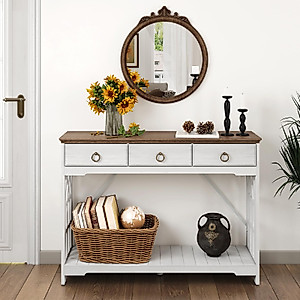 funitydg,43" Console Tables for Entryway with Drawers, Farmhouse Entryway Table with Shelf, Narrow Long Entry Table with Solid Wood Legs, Rustic Vintage Sofa Foyer Tables for Entryway, White