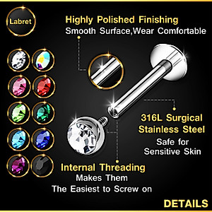 BanaVega 2PCS Steel Internally Threaded Labret 16g 1/4 6mm 3mm Clear Crystal Marilyn Monroe Lip Earrings Tragus Piercing Jewelry 0273