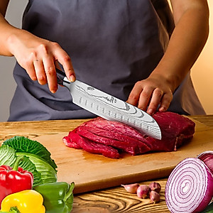 Bekhic Santoku Knife- SKnife Pro Kitchen Knife 7 Inch Kitchen Knife Asian Knife Japanese Chef Knife made of German High Carbon Stainless Steel ，Ergonomic Handle, Ultra Sharp (Silver&Maroon)
