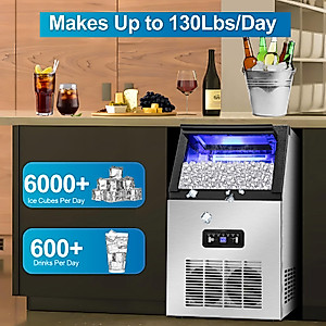 Commercial Ice Maker Machine 130Lbs/24H with 2 Water Inlet Modes, 36Pcs Ice Cubes in 8-15 Mins, Stainless Steel Under Counter/Freestanding Ice Machine with 28Lbs Storage Bin for Home/Shop/Office/Bar