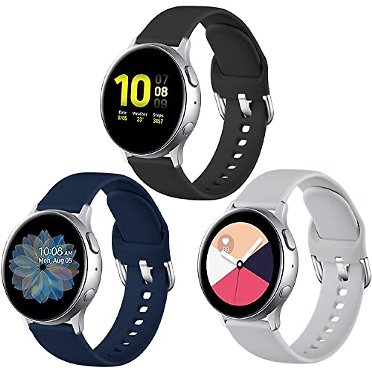 Lerobo Bands Compatible with Samsung Galaxy Watch Active/Active 2 44mm 40mm/Galaxy Watch 3 41mm/Galaxy Watch 42mm, 20mm Soft Silicone Sport Strap Replacement bands,3 Pack,Large,Black Navy Blue Gray