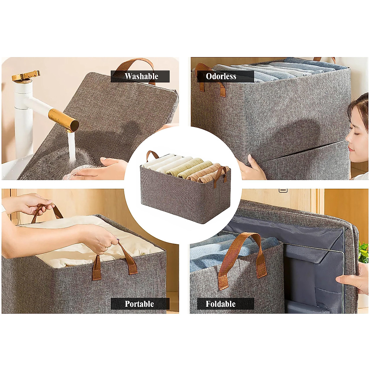 AARAINBOW 4 Pcs Closet Clothes Organizer Bins, Fabric Storage Box with Steel Frame Stackable Shelf Storage Baskets Large, Fabric Storage Baskets Foldable Closet Shelf Storage Containers, 23L (4 Gray)