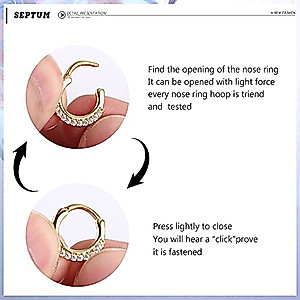 Drperfect 9PCS 16G Septum Rings Opal Daith Earrings Hoop Nose Rings 316L Stainless Steel CZ Cartilage Helix Tragus Earrings Septum Clicker Piercing Jewerly Gold Tone 10MM