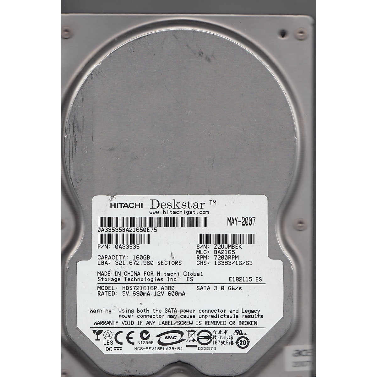 HDS721616PLA380, PN 0A33535, MLC BA2165, Hitachi 160GB SATA 3.5 Hard Drive