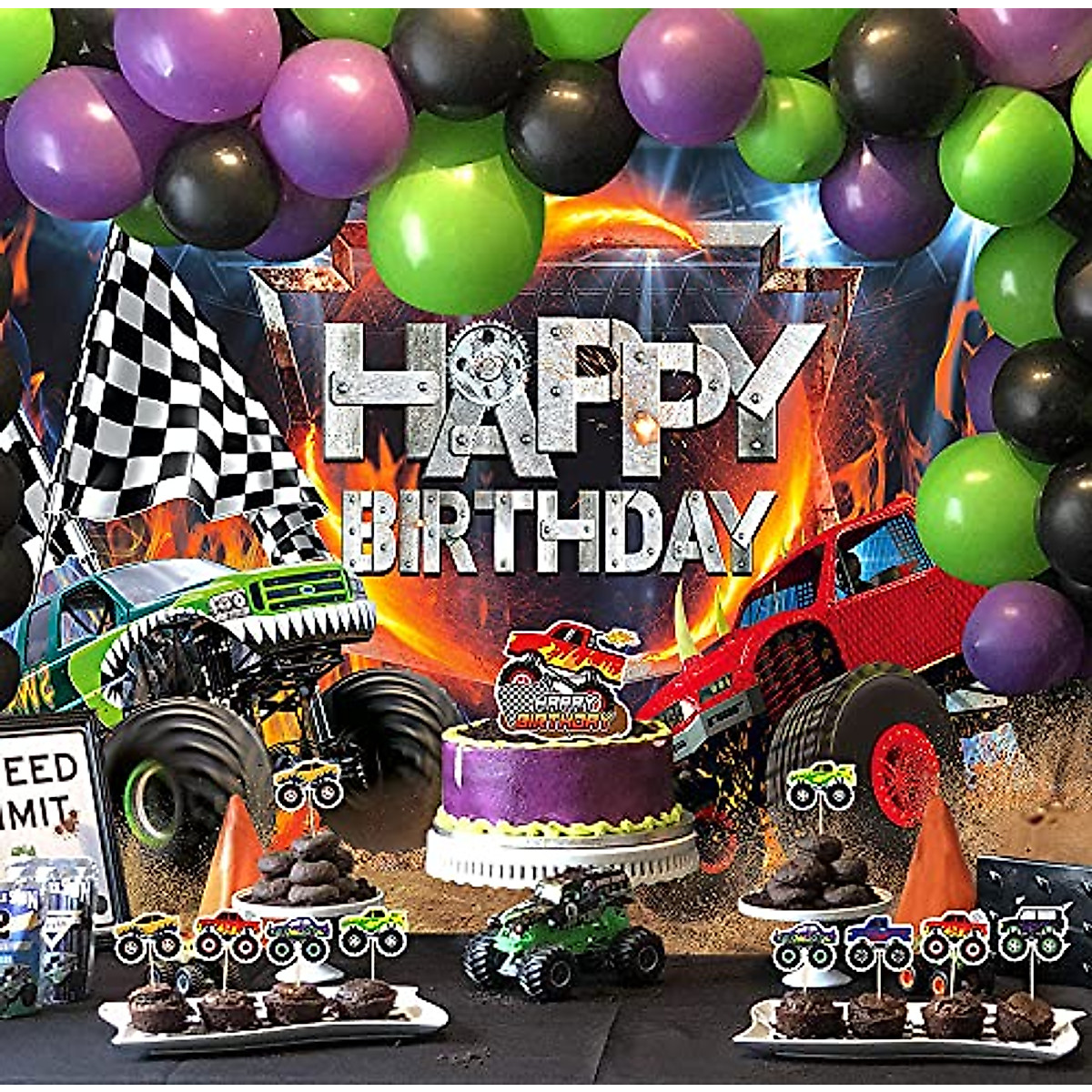SVBright Truck Backdrop 7Wx5H Monster Baby Boys Kids Happy Birthday Party Racing Speed Checkered Grave Digger Cars Photography Background Banner Photo Booth Studio Polyester Fabric