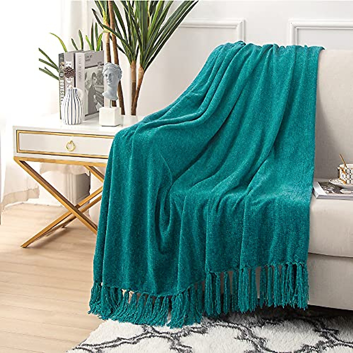 ACCOTIA Teal Chenille Throw Blanket for Couch, Super Soft Fluffy Throw Blanket for Chair, 50X60inches - Warm Decorative Blankets with Tassels for Home Décor, Bed and Living Room (50"X60", Teal)