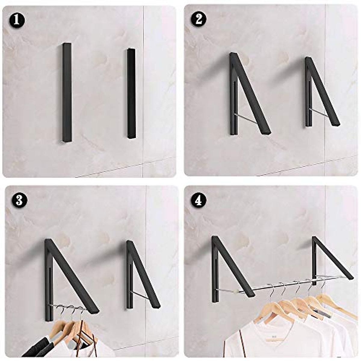 Anjuer Retractable Clothes Rack - Wall Mounted Folding Clothes Hanger Drying Rack for Laundry Room Closet Storage Organization, Aluminum, 2 Racks with Rod (Black)