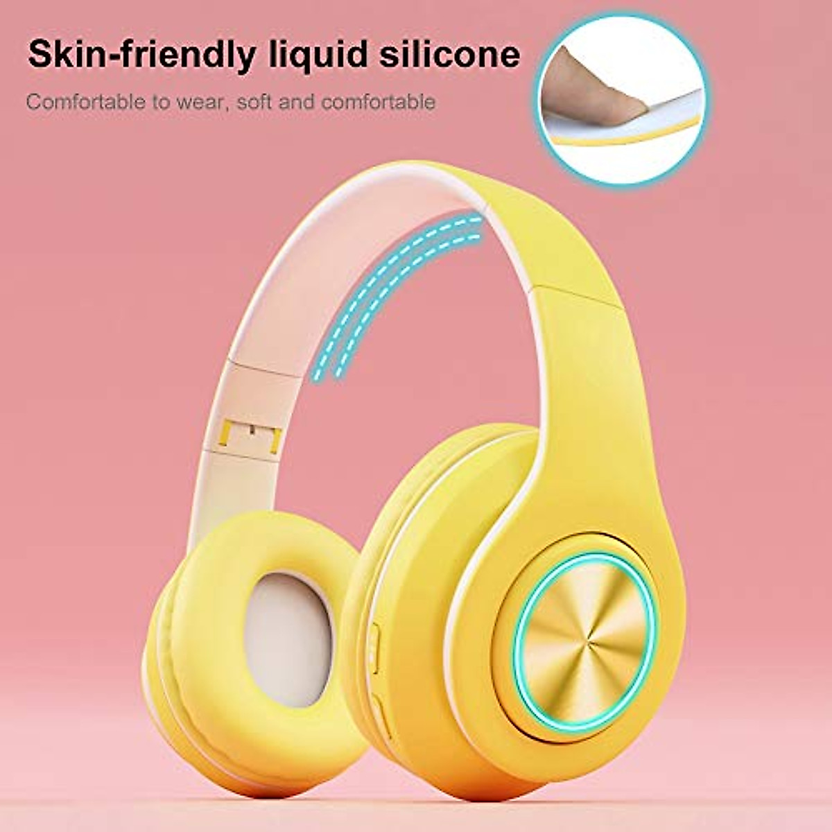 Heave Bluetooth 5.0 Wireless Headphones with LED Lights,3.5 mm Jack Stereo Over-Ear Headset with Noise Canceling Mic/Comfy Earpad,Support TF Card for Kids,Adult Online Class,Gaming Yellow