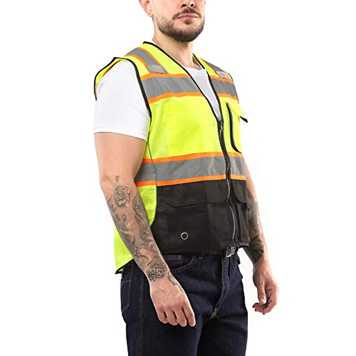 Kolossus High Visibility Mens Safety Vest APPAREL With Front Pockets, Silver Orange Reflective Tape, Bottom Class 2 ANSI/ISEA Black, Large