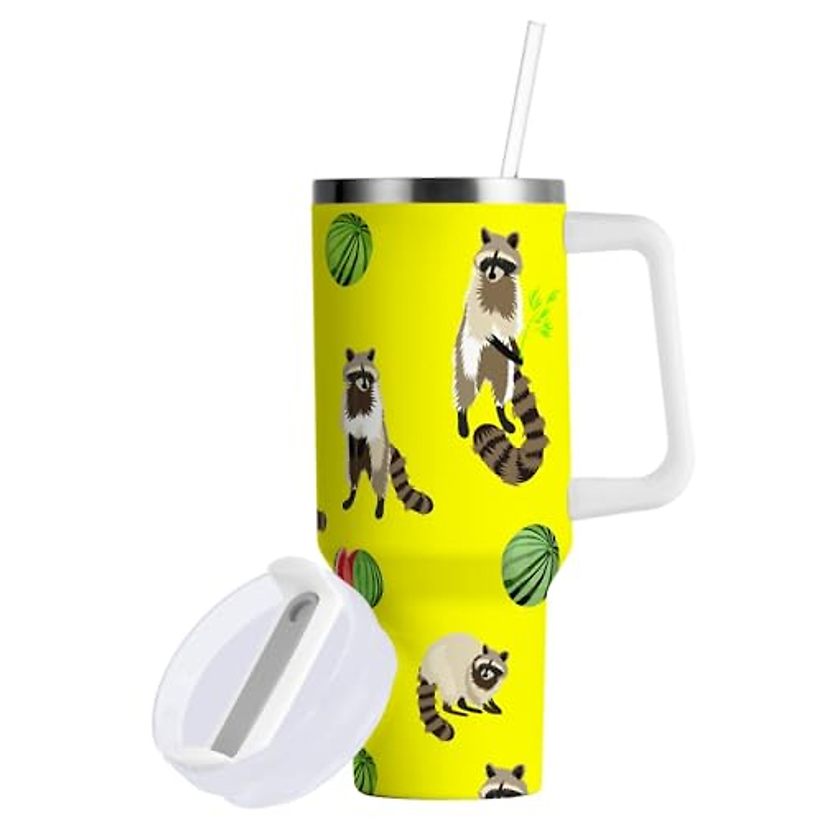 DIGTIA Stainless Steel Insulated Tumbler w/Handle & Straw, Raccoon Cute Double Wall Vacuum Travel Coffee Mug Cup w/Lid, Leak-Proof Sports Fluffy Water Bottle,30oz