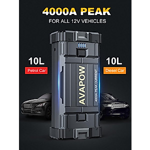 AVAPOW Car Jump Starter, 4000A Peak Battery (for All Gas or Up to 10L Diesel), Portable Booster Power Pack, 12V Auto Jump Box with LED Light, USB Quick Charge 3.0