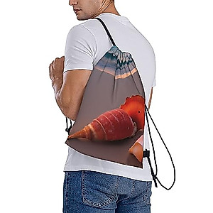 Shell Beach Sunset Drawstring Backpack For Men And Women'S Sports And Fitness Bag, Large Size, Zippered Pocket, Lightweight, Foldable And Portable For Travel