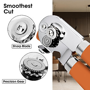 Can Opener Manual, Can Opener with Magnet, Hand Can Opener with Sharp Blade Smooth Edge, Handheld Can Openers with Big Effort-Saving Knob, Can Opener with Multifunctional Bottles Opener, Orange