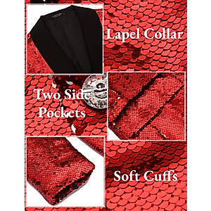 COOFANDY Shiny Sequins Suit Jacket Blazer One Button Tuxedo Christmas Nightclub Red