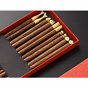 5 Pairs Hardwood Chopsticks Chinese Style Reusable Hand-Carved Chopsticks Natural Wood Chop Sticks with Gift Box