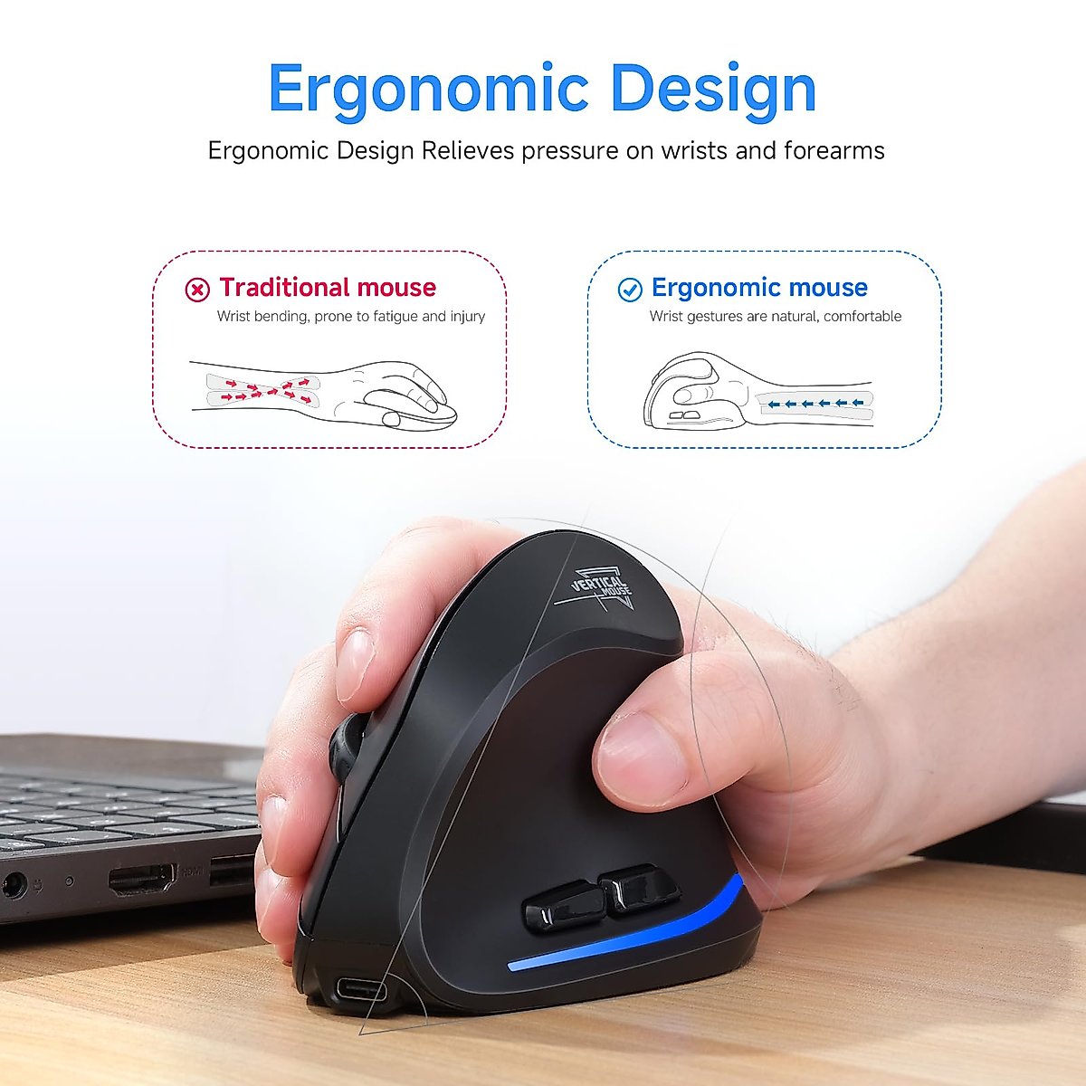 ECHTPower Wireless Bluetooth Mouse, Ergonomic Mouse with LED Light, Tri-Mode BT5.0+BT5.0+2.4GHz, Vertical Mouse Adjustable DPI 2400/1600/1000, Rechargeable Mice for PC, Laptop, Mac, Windows