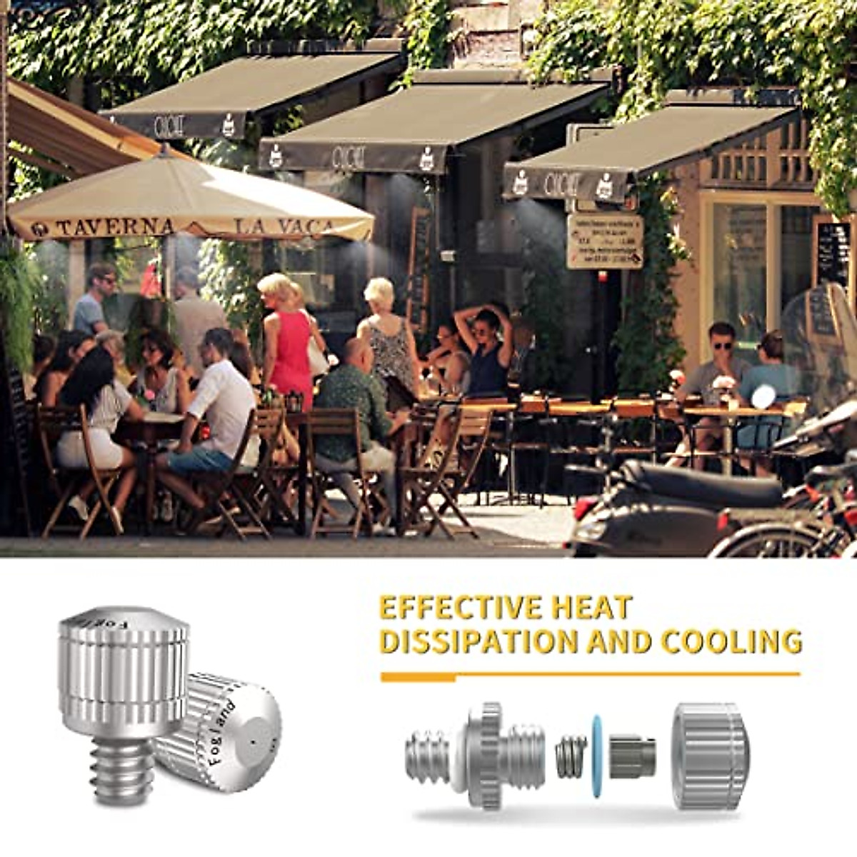 Fogland 32FT Misting Cooling System 10PCS Stainless Steel Misting Nozzles with 20PCS Tap Water Pressure Misting Nozzles Outdoor Cooling System for Garden Terrace Trampoline