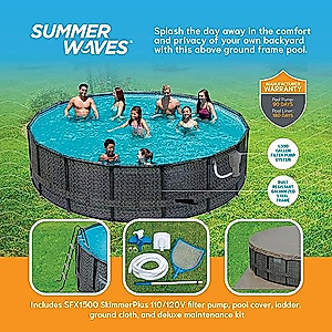 Funsicle 16' x 48" Oasis Designer Round Frame Outdoor Above Ground Swimming Pool Set with SkimmerPlus Filter Pump and Pool Cover, Dark Herringbone