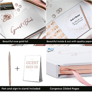 Merry Expressions Rose Gold Guest Book Wedding Reception with Pen & Sign - Polaroid Guest Book for Bridal or Baby Shower & Birthday Parties - Pink Foil Texture Guestbook, Gilded Pages 7"x9" inches