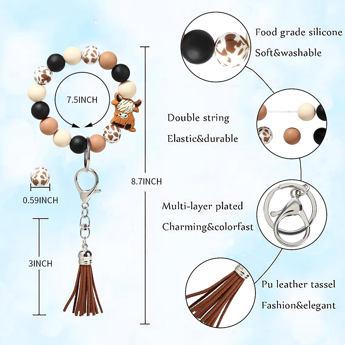 Nabegum Cow Print Silicone Beaded Bracelet Keychain Wristlet Key Ring Bangle Chains Western Highland Stuff Gifts for Women with Leather Tassel (Brown)