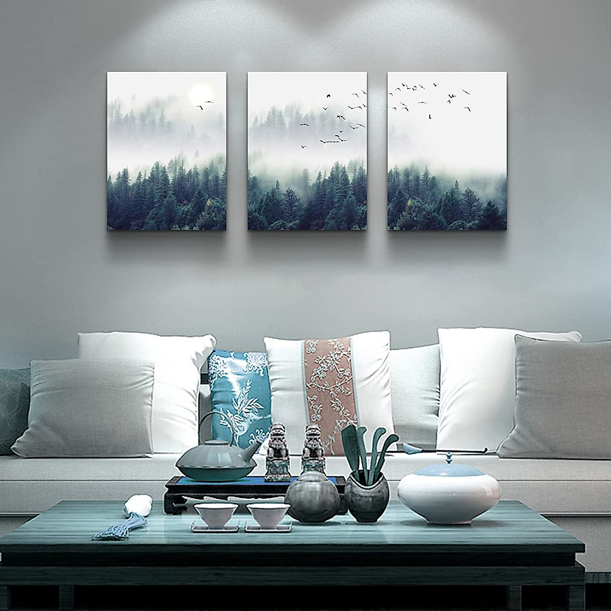 3 Piece Canvas Wall Art for Living Room Wall Decorations for Bedroom Office Wall decor Foggy forest Trees Landscape painting Stretched and Framed Ready to Hang pictures Home Decor 12"x16"x3 Panels