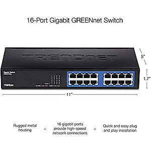 TRENDnet 16-Port Unmanaged Gigabit GREENnet Desktop Metal Switch, Ethernet Splitter, Fanless,16 x RJ-45 Ports, 32 Gbps Forwarding Capacity, TEG-S16DG