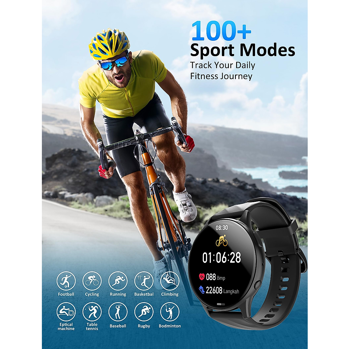 Kumi Smart Watch for Men Women, 1.39" Smartwatch for Android & iOS, Answer/Make Call, Voice Assistant, IP68 Waterproof Fitness Activity Tracker, 100+ Sport Modes, Heart Rate and Sleep Monitor, Black