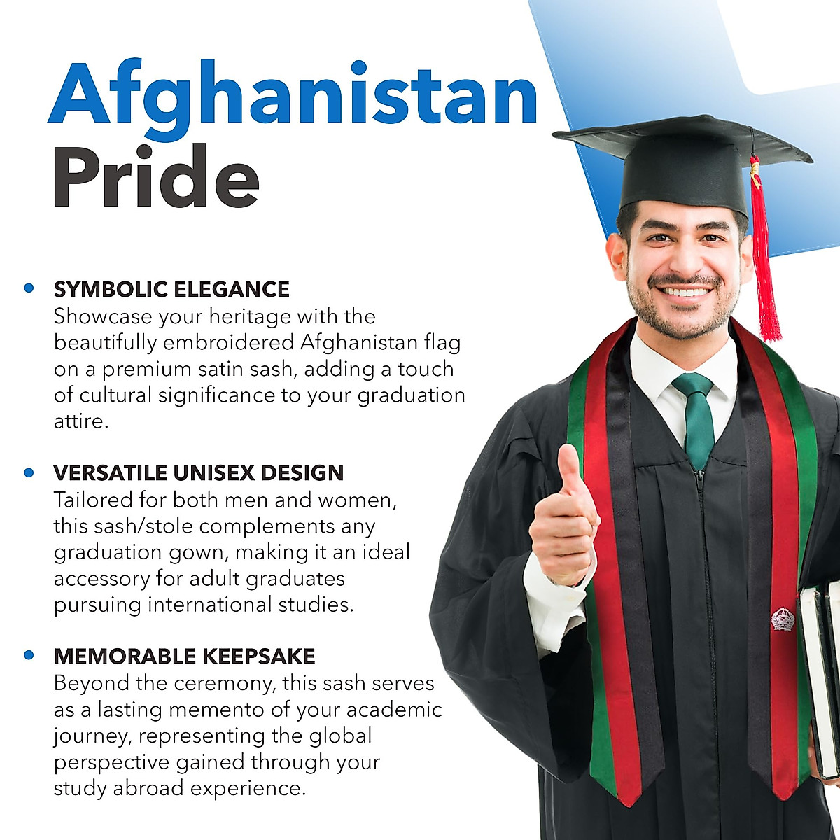 Vision Wear - Afghanistan Flag Graduation Sash - Graduation Stole - International Flag theme - Embrace Your Heritage - Afghan Flag - Pride & Honor Sash