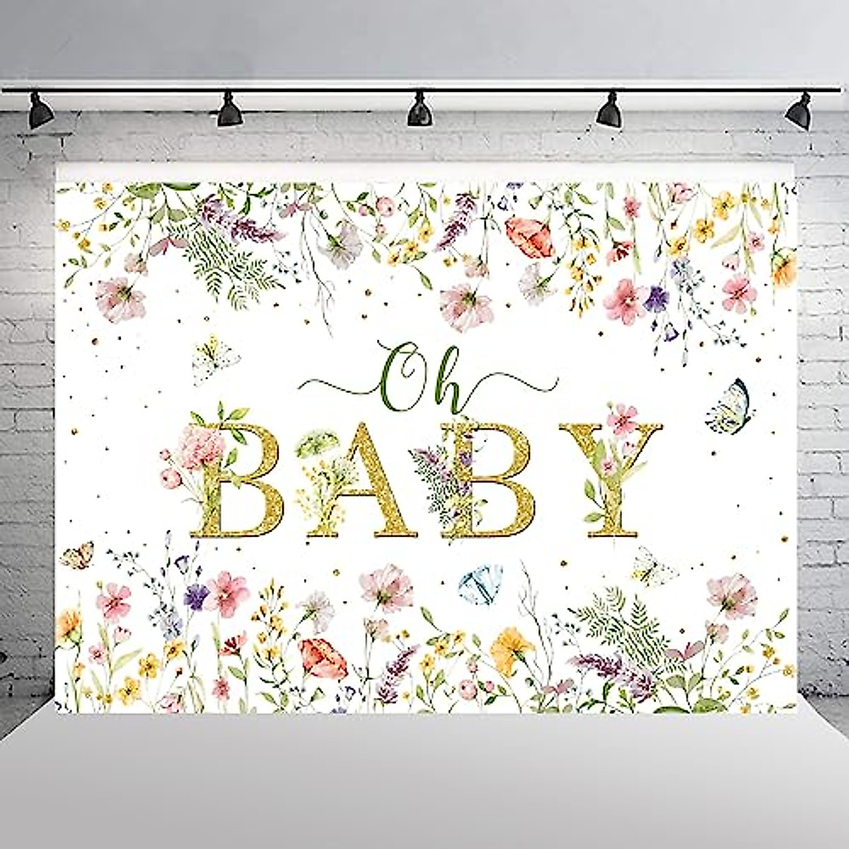 Wollmix Baby Shower Backdrop Decorations for Girl Oh Baby Banner Sign Pink Floral Flowers Butterfly Gold Dots Photography Background Newborn Party Decor Photo Booth Props Supplies Studio 7x5ft