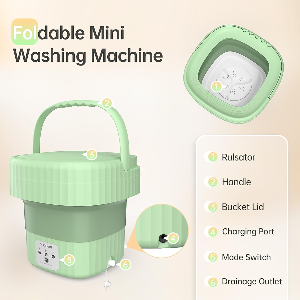 Portable Washing Machine, 6L Foldable Mini Washing Machine, Compact Travel Washing Machine for Small Items Baby Clothes Underwear Socks Towels Apartment Dorm Camping RV Travel Laundry