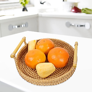 Round Rattan Coffee Table Tray with Handles - Woven Basket Food Decorative Tray ，Handmade Rattan Serving Tray with Handles ，Adorable Natural Bamboo Tray for Ottoman Coffee Table (Small/8.7 inch)