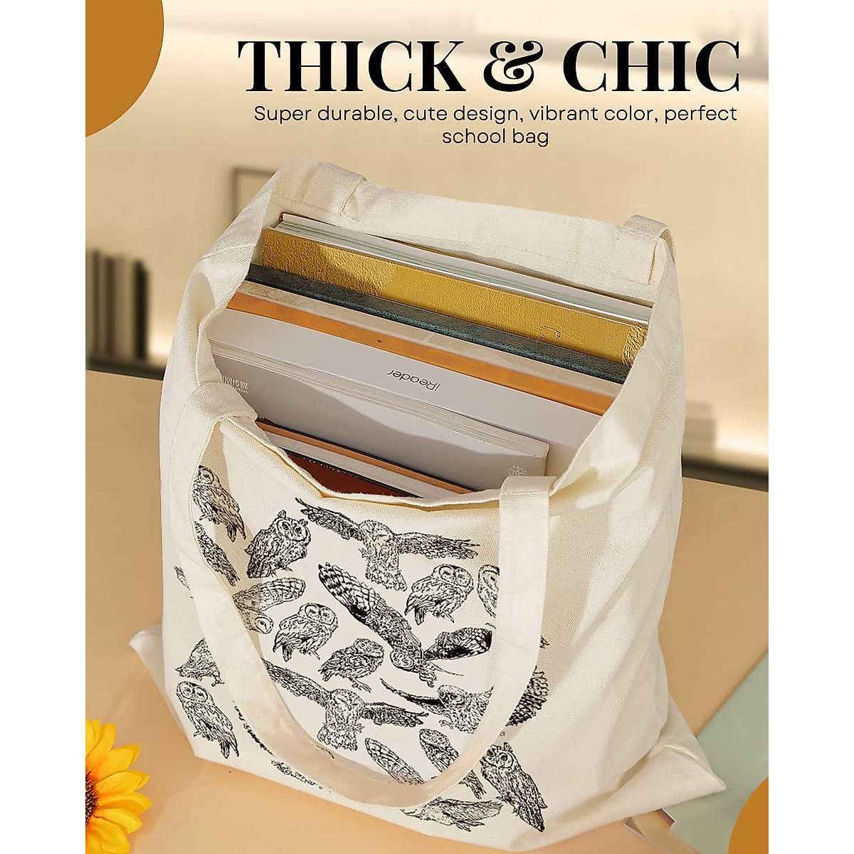 AUSVKAI Canvas Tote Bag Aesthetic for Women, Cute Trendy Owl Hand Drawn Reusable Cloth Cotton Bags with Handle for Grocery College Shopping Beach