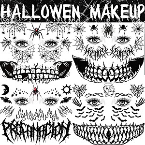 COKTAK 4 Sheet Scary Halloween Face Tattoos For Women Men Adults, Fake Wound Scars Witch Makeup For Halloween Chucky Zombie Makeup Kit, 3D Spider Web Face Tattoo Sticker Halloween Face Decals Paint