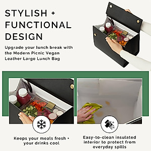 Modern Picnic Vegan Leather Lunch Bag for Women, Cooler Lunch Bag for Girls, Easily Wipeable, Adjustable Shoulder Strap, Women’s Lunch Bags for Work/Office/Outdoor, Black As Seen on Shark Tank
