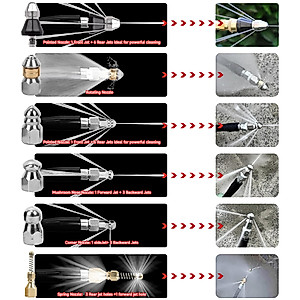 8PCS Sewer Jetter Nozzle Kit with Box, Stainless Steel Rotating Nose Sewer Jetting Nozzle for Pressure Washer,Pressure Drain Jetter Hose Nozzle with 1/4 Inch Pressure Washer Quick Connector,5000 PSI