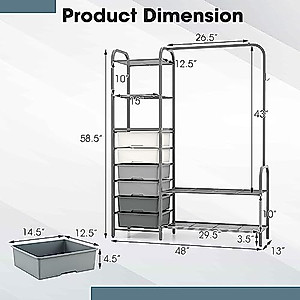 Giantex Free Standing Closet Organizer, Heavy Duty Garment Rack with 6 Removable Drawers, 3 Open Shelves, 2 Shoe Racks, 1 Hanging Rod & 1 Hook, Metal Clothing Rack for Bedroom & Cloakroom (Grey)