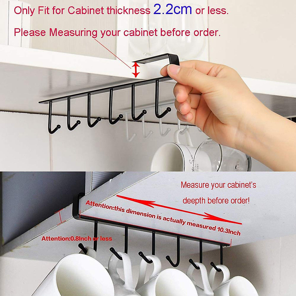 AliCH 2pcs Mug Hooks Under Cabinet Mug Holder Rack,Nail Free Adhesive Coffee Cups Holder Hanger for Cups/Kitchen Utensils/Ties Belts/Scarf/Keys Storage, Fit for 0.8inch Thickness Shelf or Less (BLA)