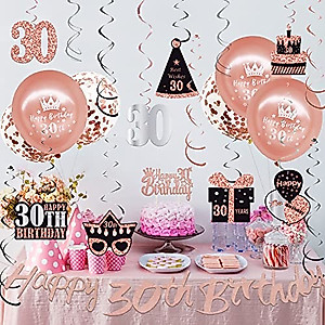 WOJOGO 30th Birthday Decorations for Women, Rose Gold 30 Birthday Decorations for Her Him, Including Happy 30th Birthday Banner Hanging Swirls Birthday Cake Topper Balloons for Party Supplies