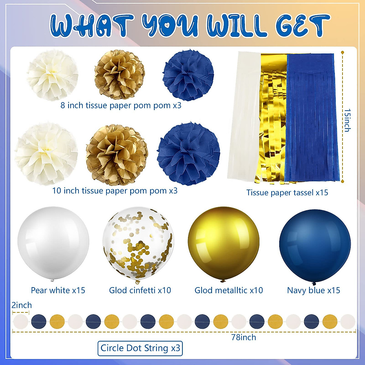 74 Pieces Navy Blue Gold Party Decoration for Graduation Includes Tissue Paper Pom Pom Flower Gold and Navy Balloon Circle Banner Tassel Garland Birthday Bridal Shower Wedding Party