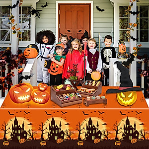 Kesfey 3 Packs Orange Halloween Tablecloth 54 x 108 Inches Scary Castle Ghost Pumpkin Table Cloth Disposable Waterproof Plastic Bat Spider Web Table Cover Trick or Treat for Halloween Party Dining