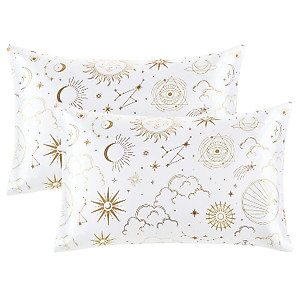 EXQ Home Satin Pillowcase Silky Satin Pillowcase for Hair and Skin,Soft Cooling Printed Pillow Cases Queen Size Set of 2 Satin Pillow Case for Women with Envelope Closure (White Moon,20X30inch)