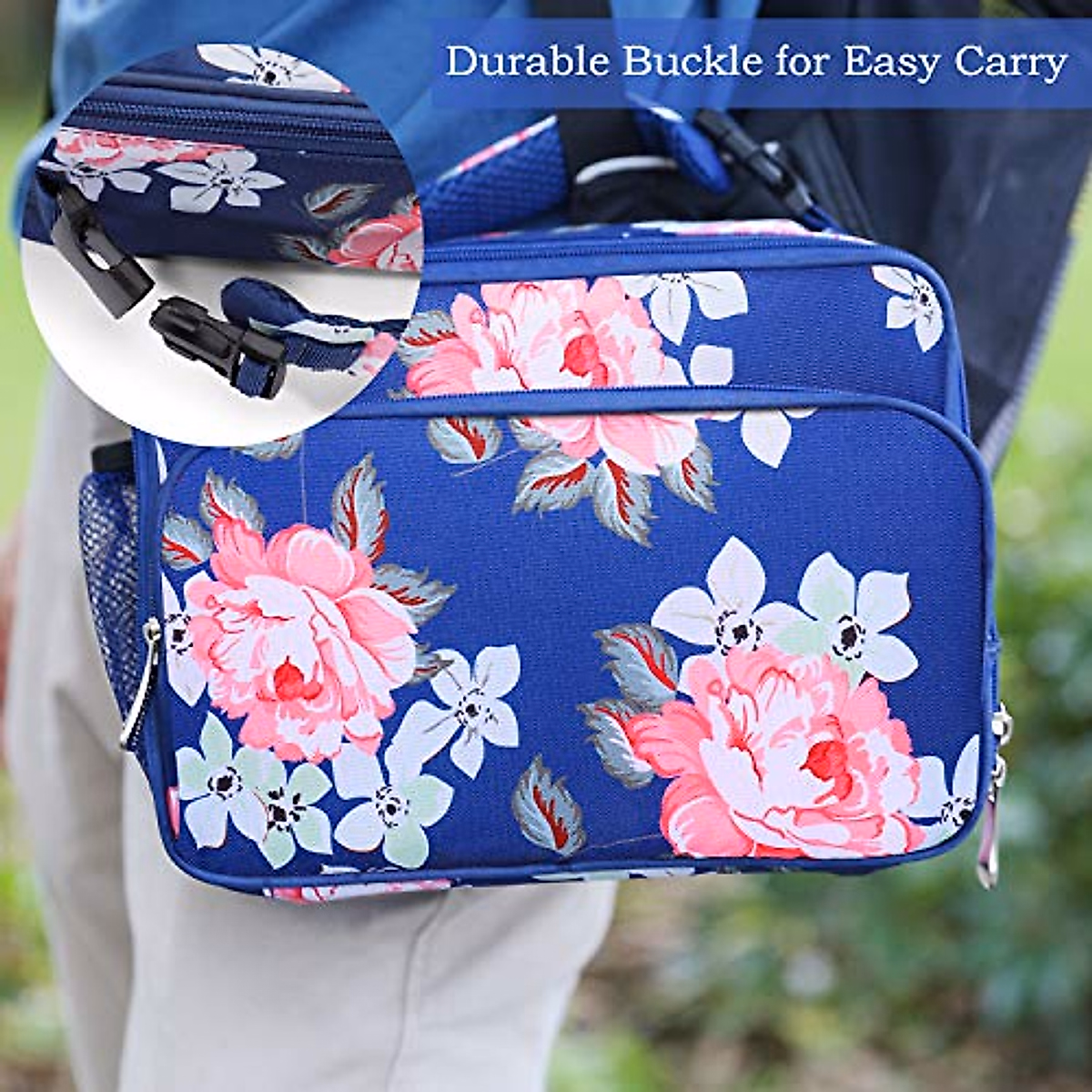 Amersun Kids Lunch Bag, Insulated School Lunch Bag with Padded Liner Keeps Food Warm Cold Longer Time,Thermal Travel Office Lunch Cooler for Teen Girls-2 Pocket,Blue Rose