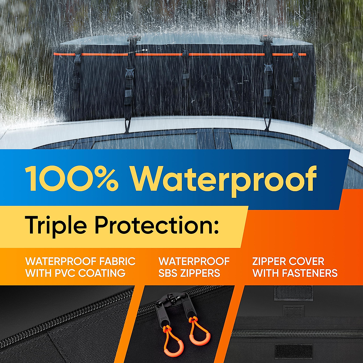 BagMate Military-Grade Waterproof Roof Bag - Rooftop Cargo Carrier – XXL 23 Cubic Feet. with 4 Door Hooks, Zipper/Buckle Closure, Extra Strap – Black Roof Bag for Cars with or Without Rack