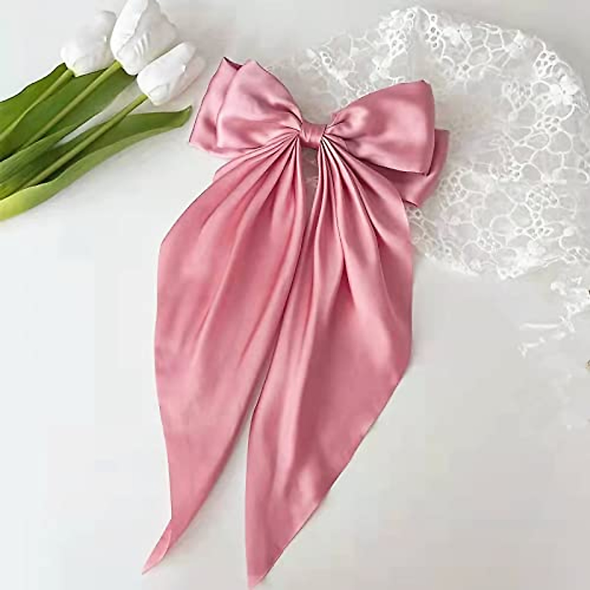 Ribbon Hairclip Vintage Satin Bow Bowknot Hairpin Women Hair Clip (Pink) 1 Count (Pack of 1)