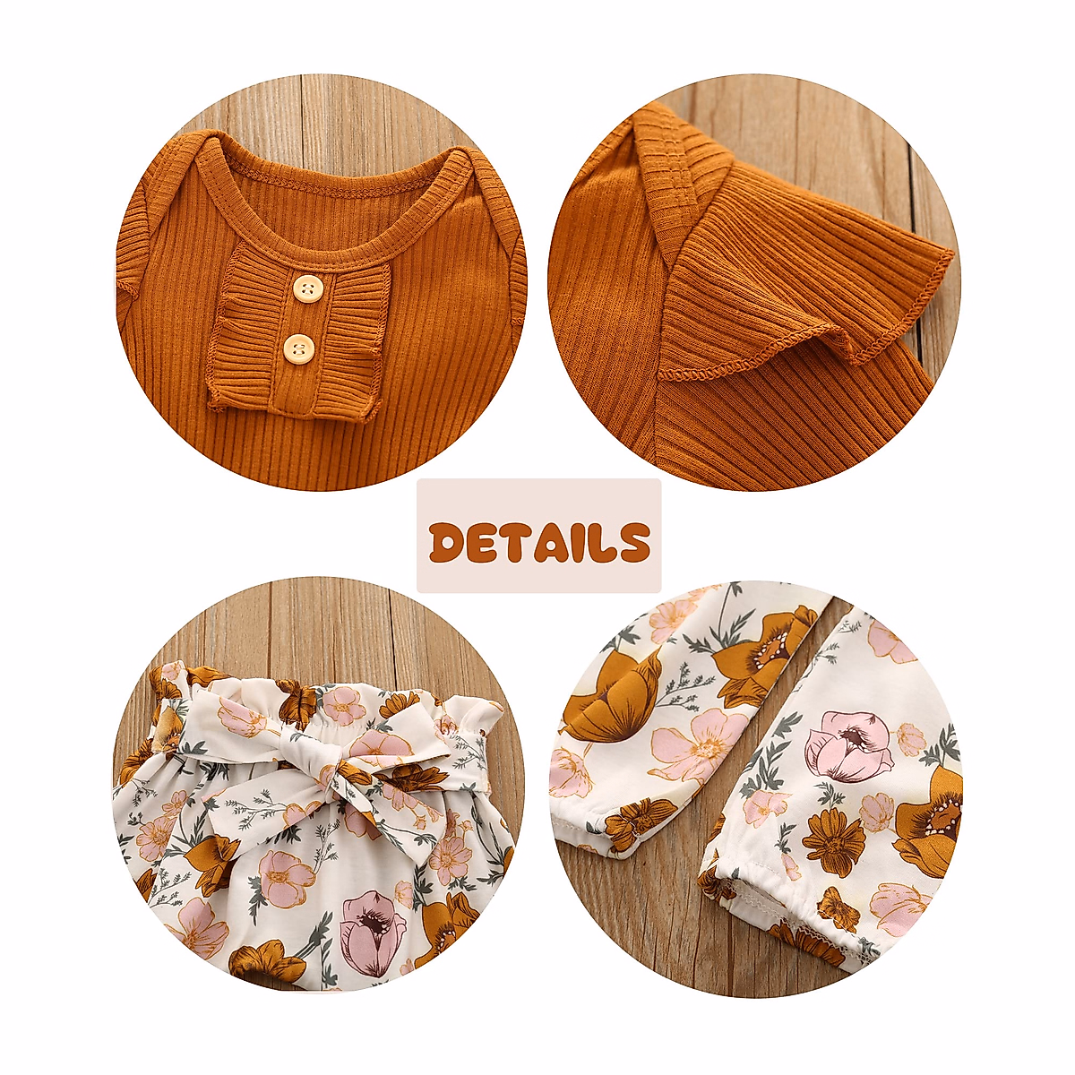 Kislio Newborn Baby Girls Clothes Ribbed Ruffled Romper+Floral Pants+Headband Infant Outfit Set